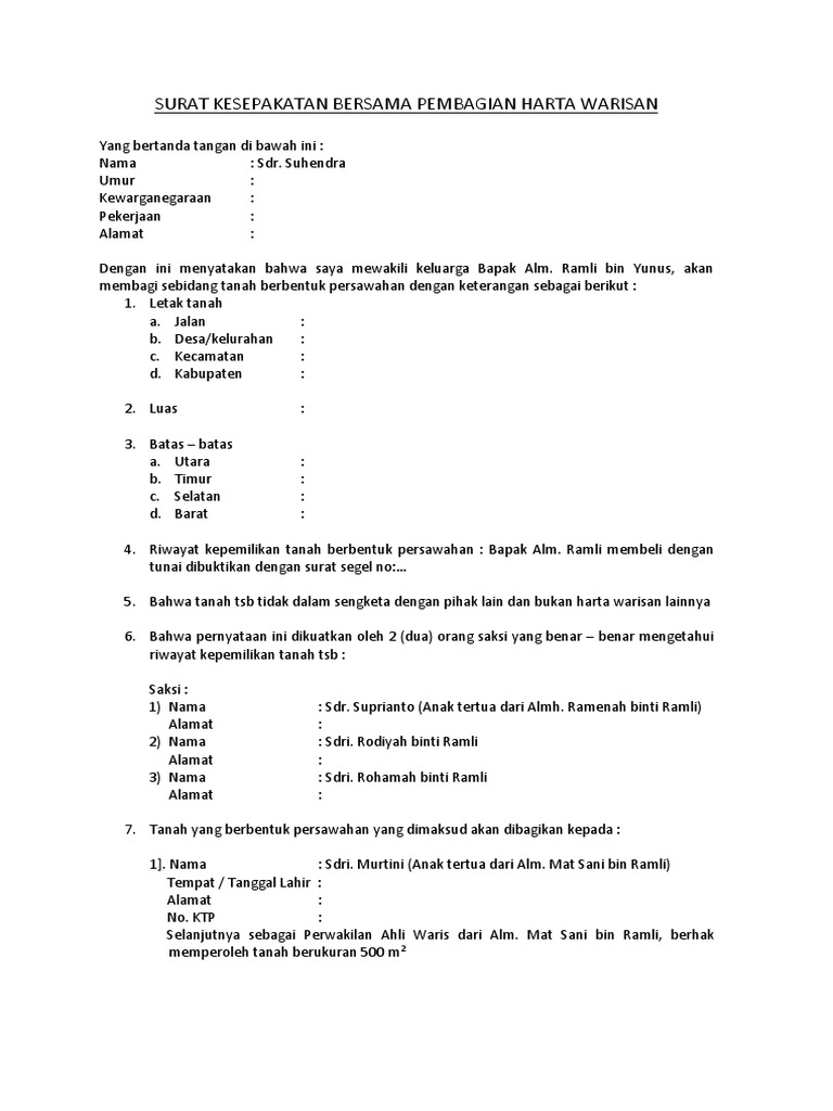 Surat Kesepaktan Bersama Pembagian Harta Warisan | PDF | Hukum