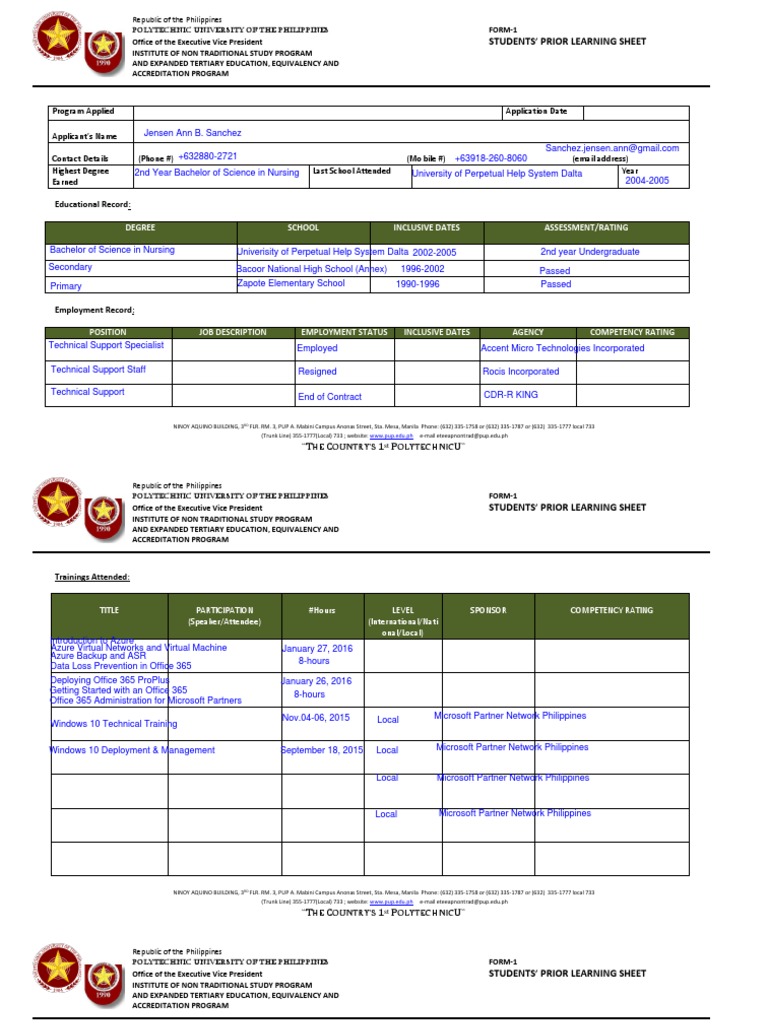 PUP OUS INE Students' Prior Learning Sheet Form 1 | PDF | Educational ...