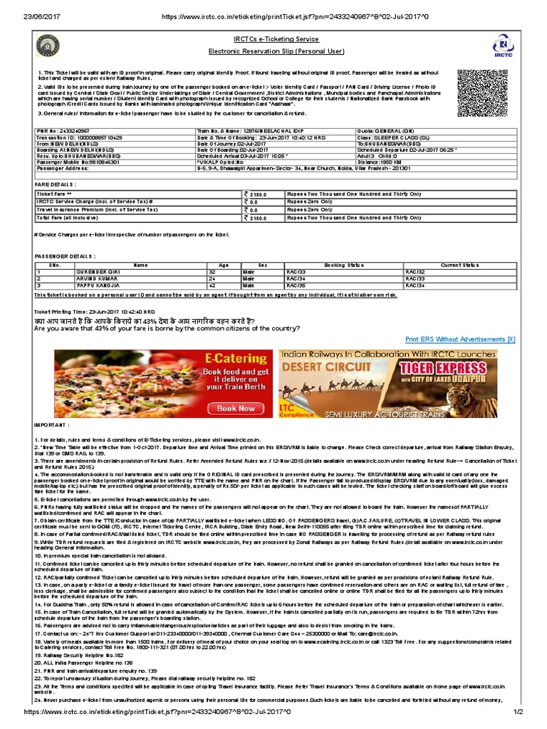 Golu TKT - Ndls To Bbs - 02072017 | PDF | Identity Document | Ticket (Admission)