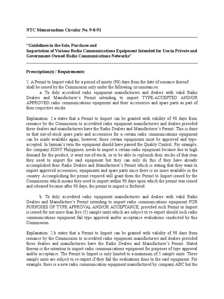 325008947 NTC Memorandum Circular No 9-8-91 I | Inventory | License