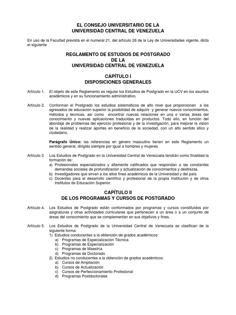 Reglamento de Estudios de Postgrado de La Ucv UCV (UNIVERSIDAD CENTRAL de VENEZUELA) | PDF ...
