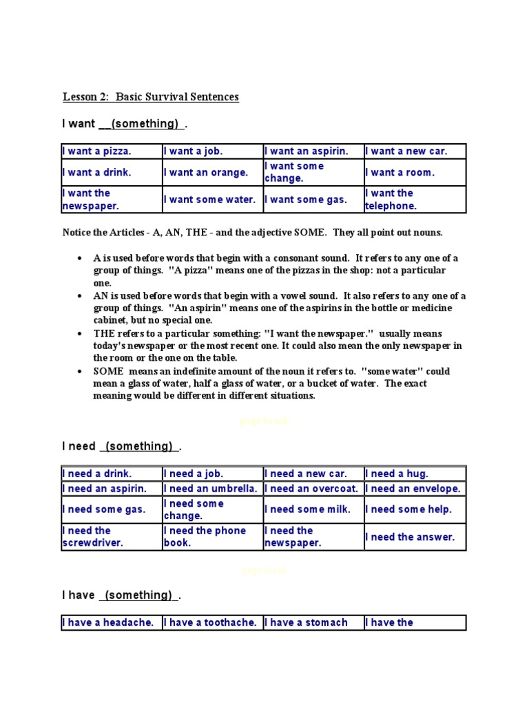 Lesson 2: Basic Survival Sentences I Want - (Something) .: Page Break ...