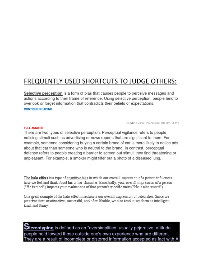 Frequently Used Shortcuts To Judge Others | PDF | Perception | Stereotypes