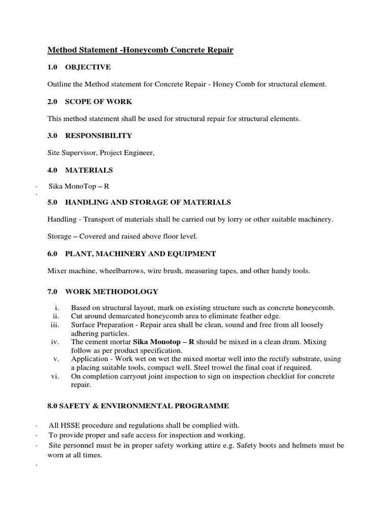Honeycomb Concrete Repair Method Statement | PDF