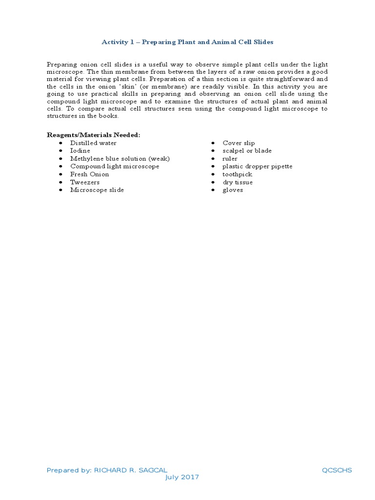 Activity 1 - Preparing Plant and Animal Cell Slides | PDF | Microscopy ...