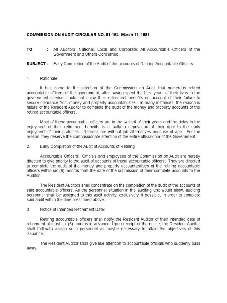Commission On Audit Circular No. 81-154 March 11, 1981 | PDF | Audit ...