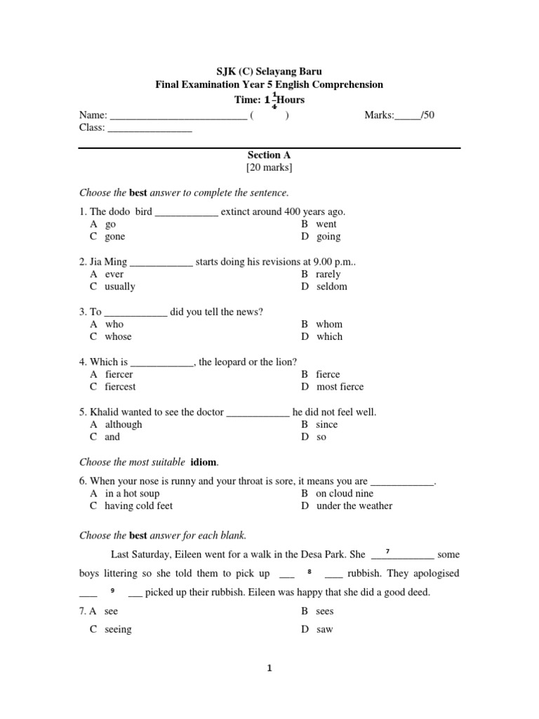 SJK (C) Selayang Baru Final Examination Year 5 English Comprehension ...