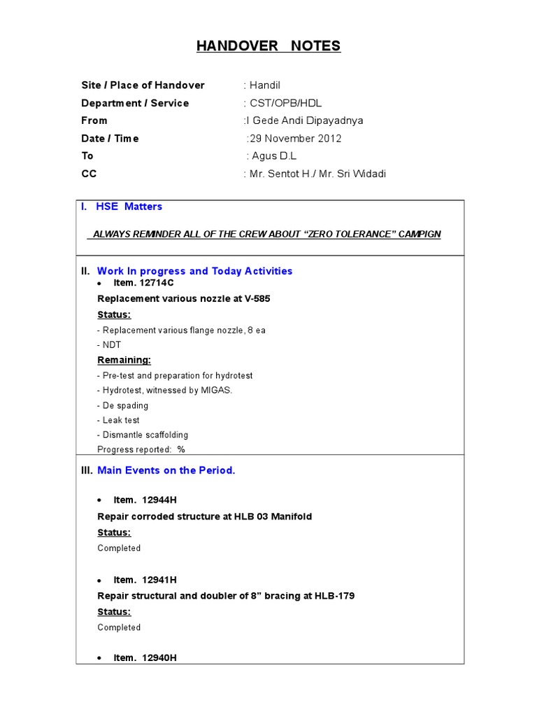 Handover Notes for Site Operations | PDF | Science & Mathematics