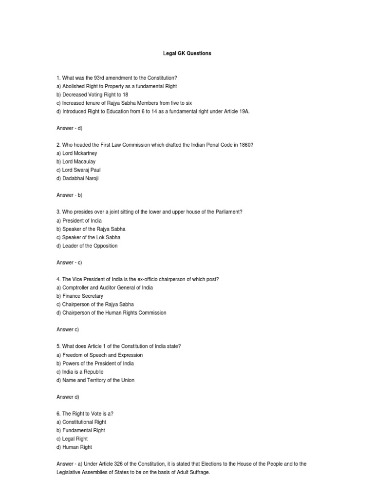 Legal GK Questions | PDF | Supreme Court Of India | Government