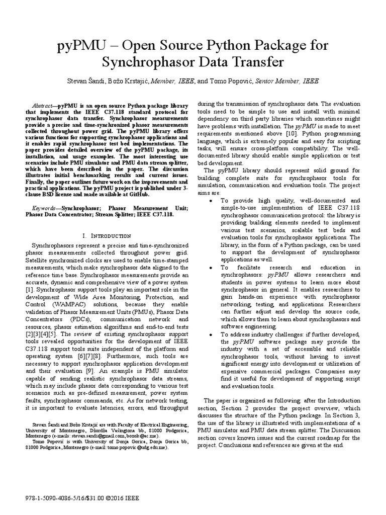 Pypmu Open Source Python Package For Synchrophasor Data Transfer Pdf Computer Engineering 