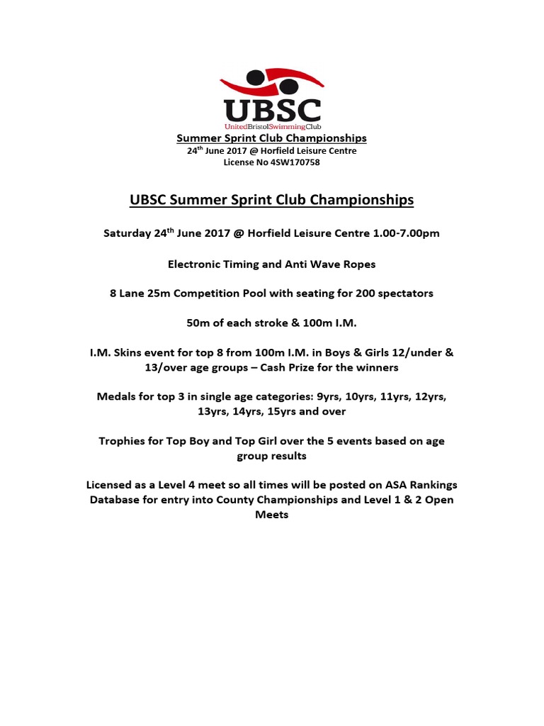 Timings For UBSC Club Champs 2017 | PDF | Swimming (Sport) | Human Swimming