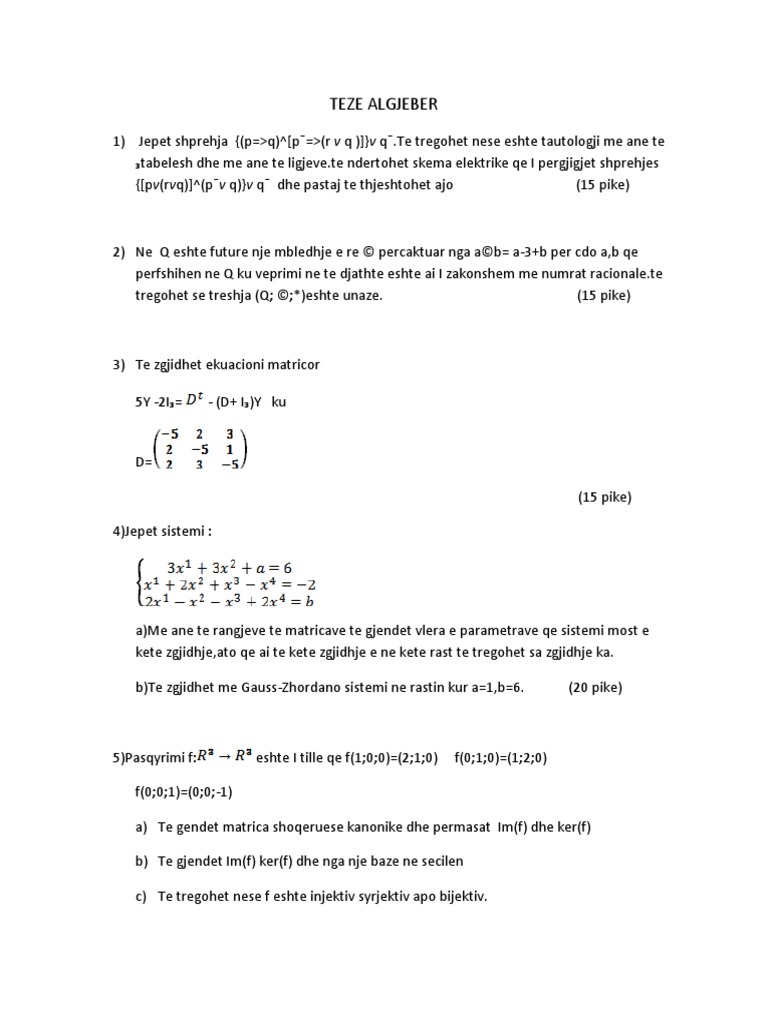 Teze Provimi Algjeber PDF | PDF