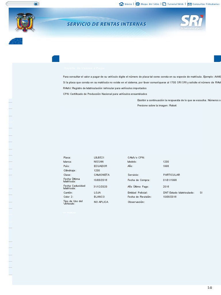 Consulta Matricula SRI Vehicular ANT Ecuador 2017 2018 Sistema de ...