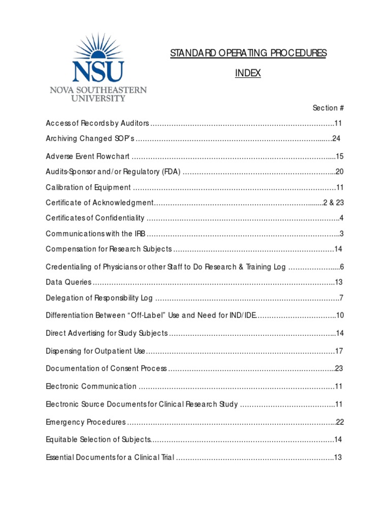 Standard Operating Procedures Index: Section # | PDF | Institutional ...