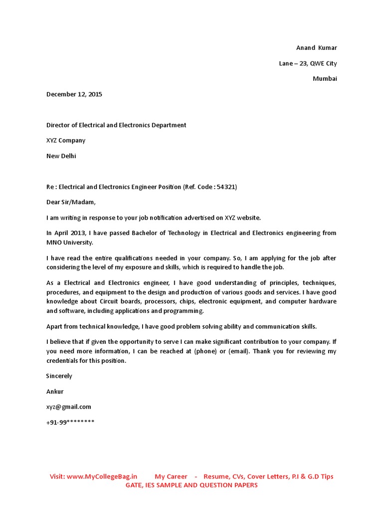 Electrical Engineer Job Application Letter | PDF