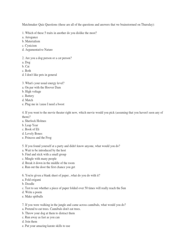 Matchmaker Quiz | PDF | Leisure