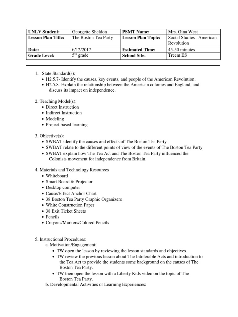 5th Grade Boston Tea Party Lesson | PDF | Educational Assessment | Teaching