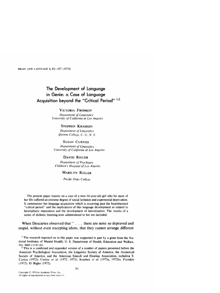 1974 - The Development of Language in Genie | PDF | Lateralization Of ...