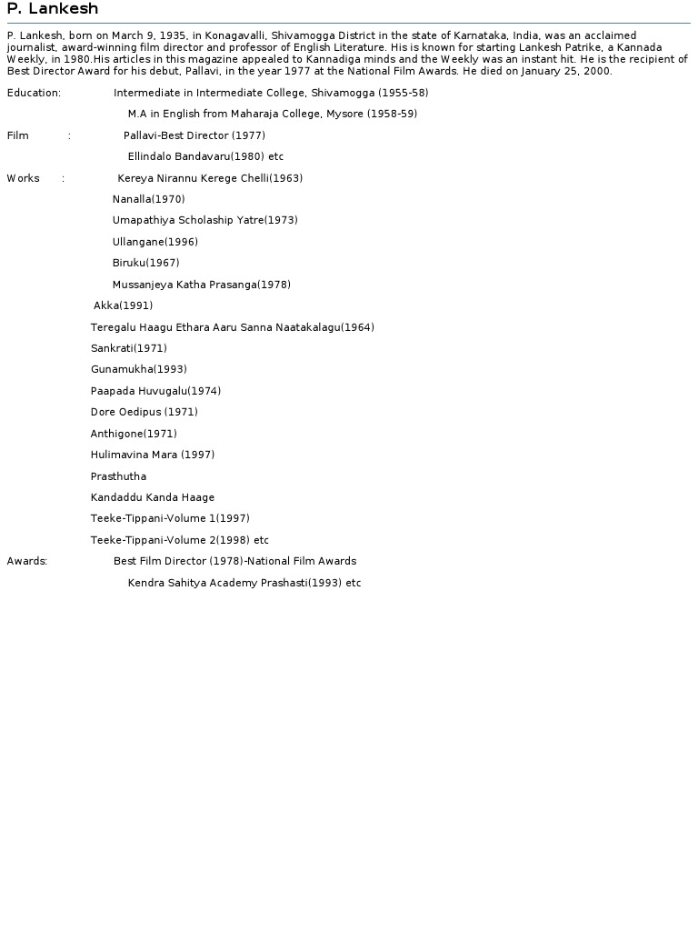 P Lankesh | PDF | Travel | Art