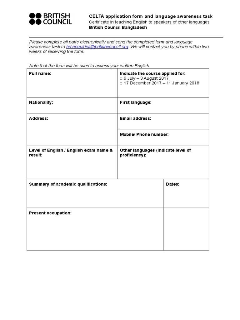Celta Application Form and Language Awareness Task - British Council ...