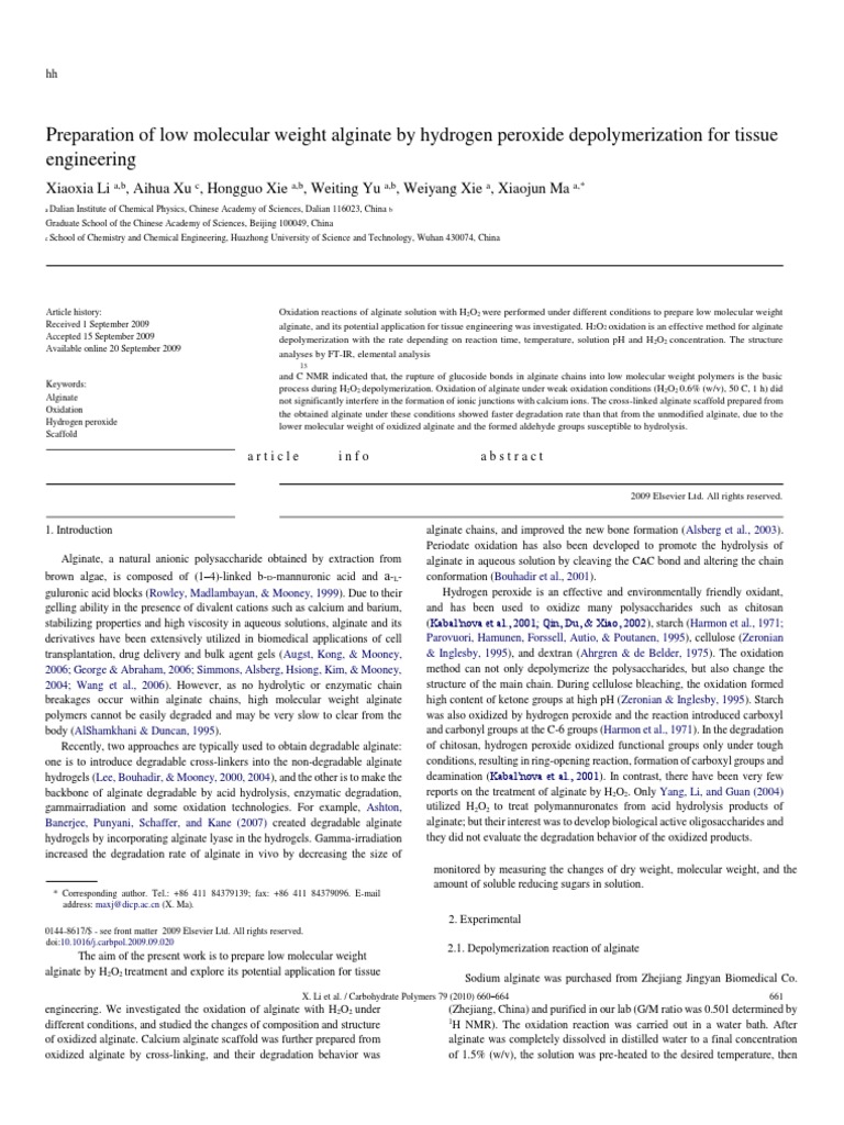 Oxidized Alginate | PDF | Hydrogen Peroxide | Tissue Engineering