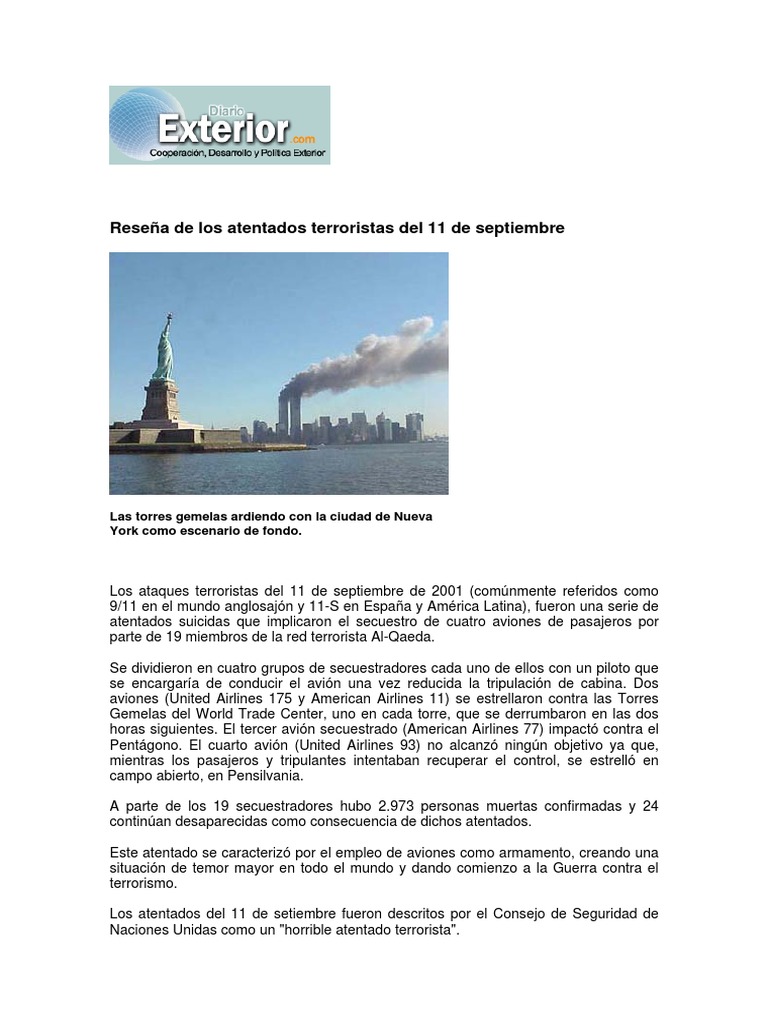 Reseña de Los Atentados Terroristas Del 11 de Septiembre | PDF ...