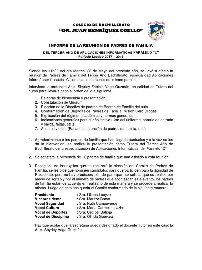 Informe De La Reunión De Padres De Familia Violencia