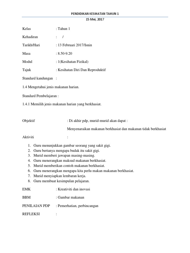 RPH PK Tahun 1 | PDF