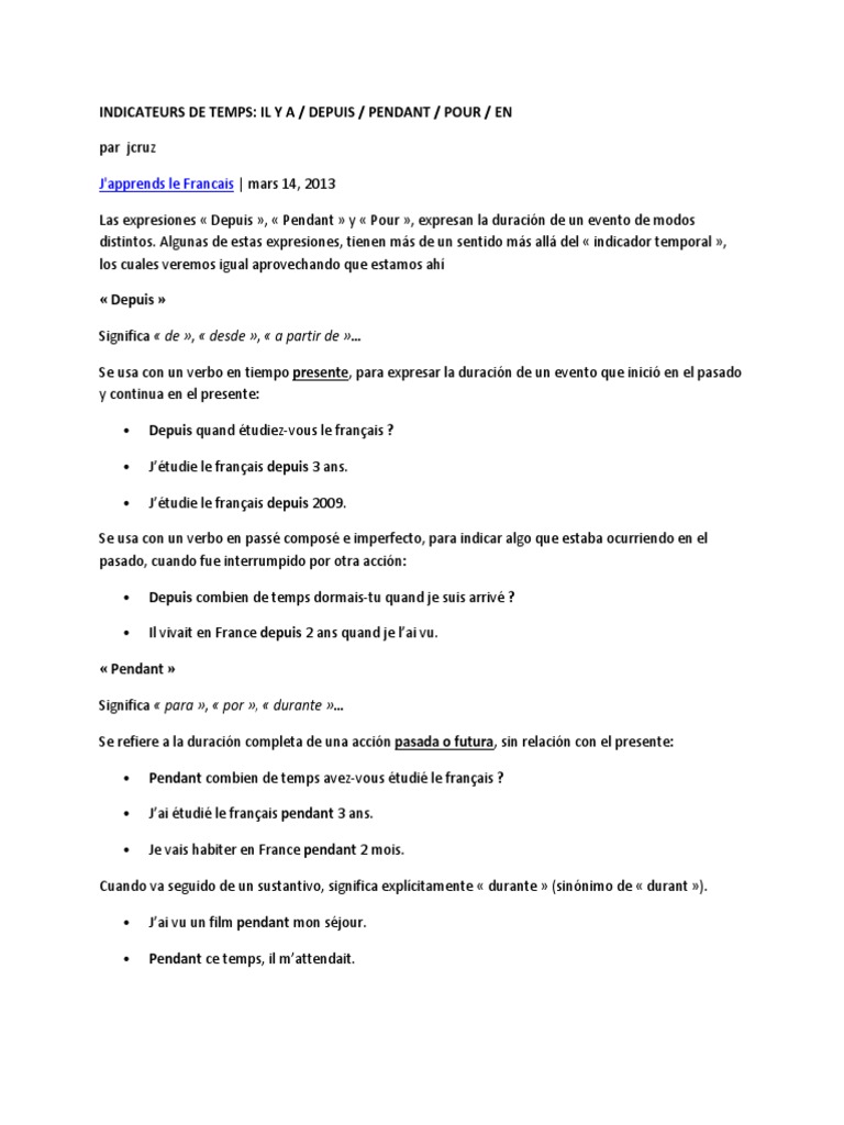 Indicadores de tiempo en francés: Cómo expresar la duración y el ...
