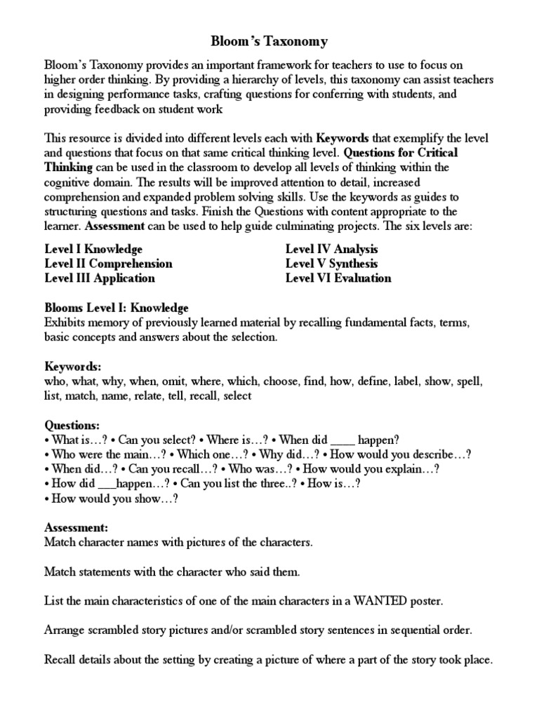 Blooms Taxonomy Questions PDF | PDF | Reading Comprehension | Emergence