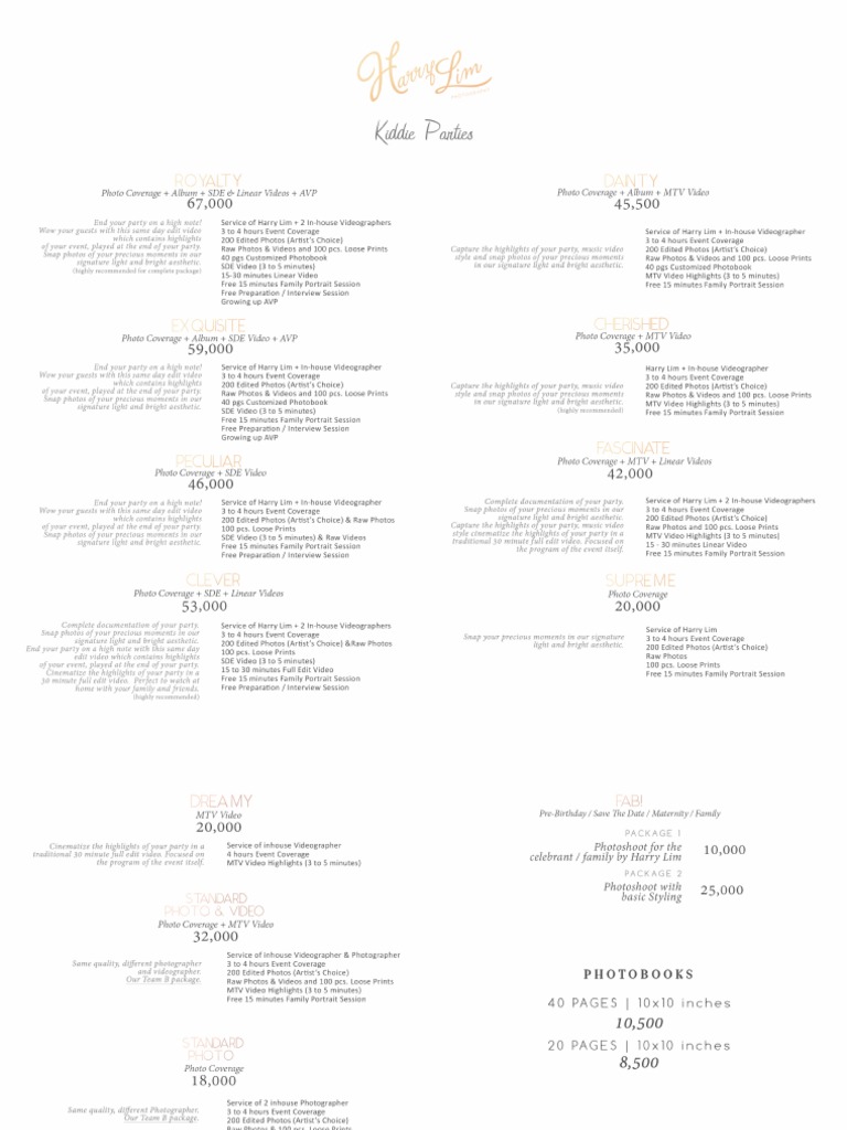 Harry Lim Photography Rates & Packages 2018 | PDF