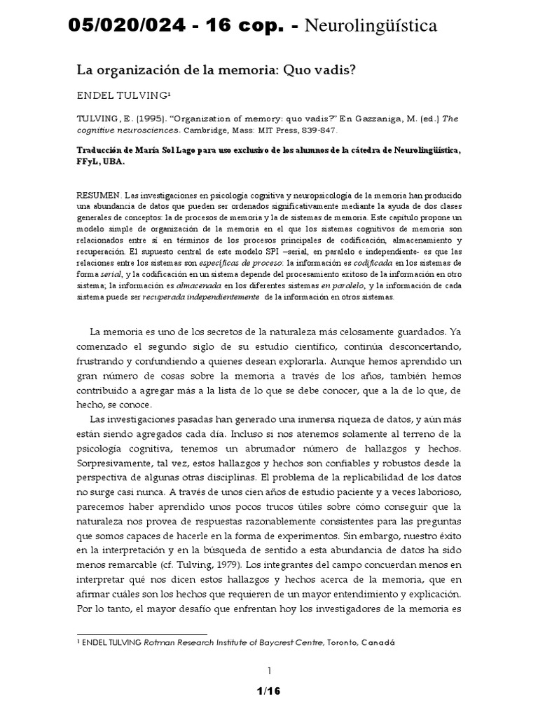TULVING - La Organización de La Memoria, Quo Vadis | PDF | Memoria ...
