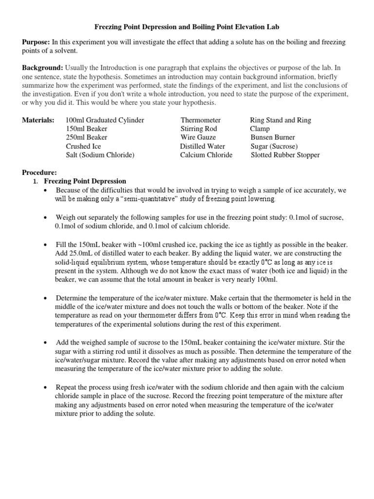 Freezing Point Depression and Boiling Point Elevation Lab | PDF ...