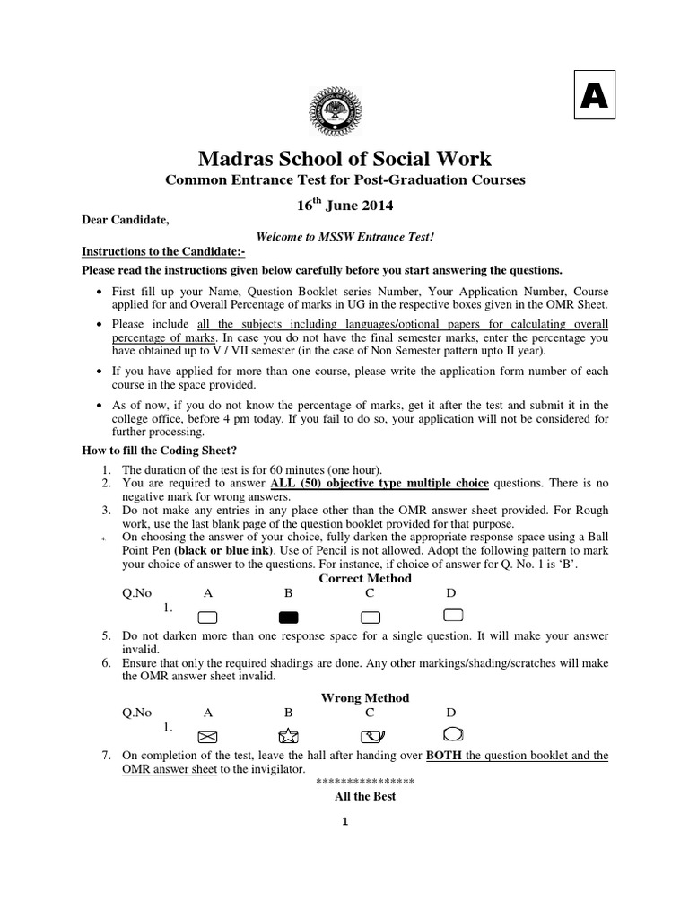 MSSW Entrance Exam Instructions & Questions | PDF