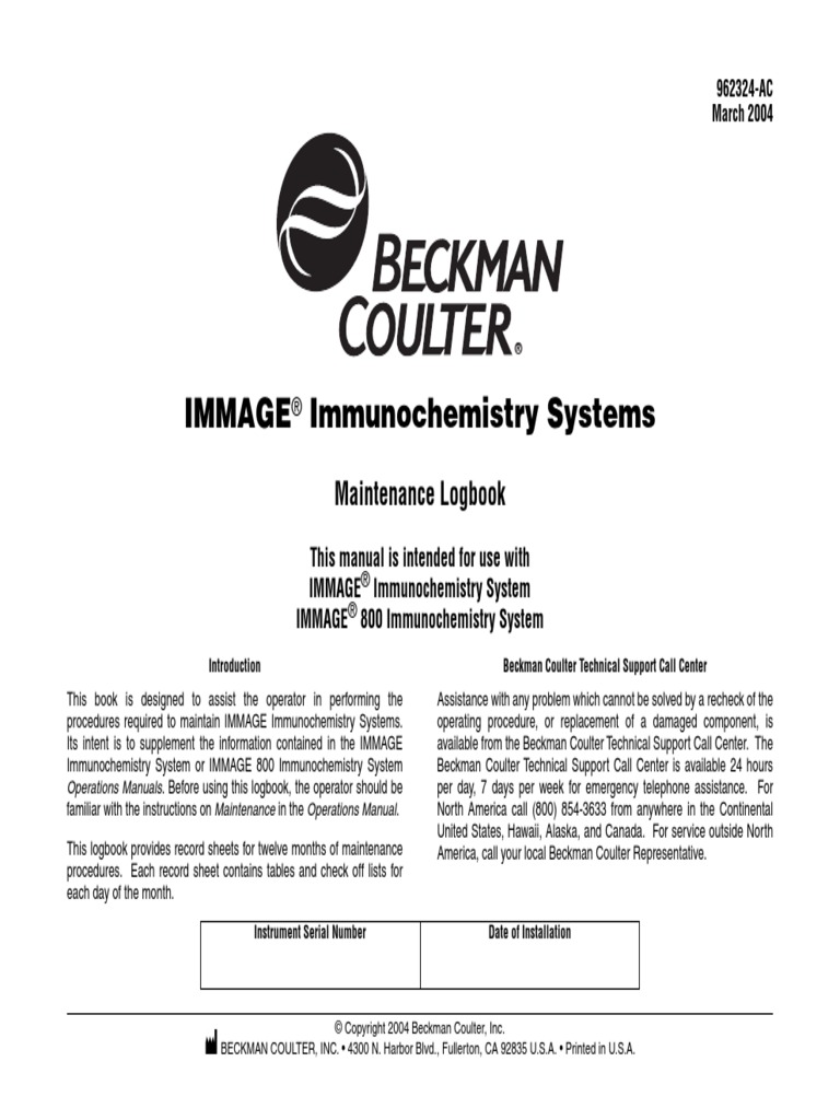 Beckman Coulter Immage - Maintenance Logbook | PDF | Nature