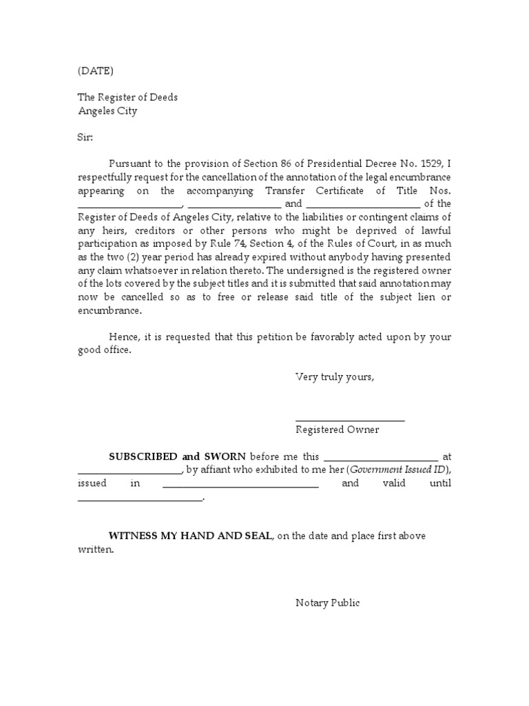 Verified- Letter Request - Cancellation Encumbrance and Annotation ...