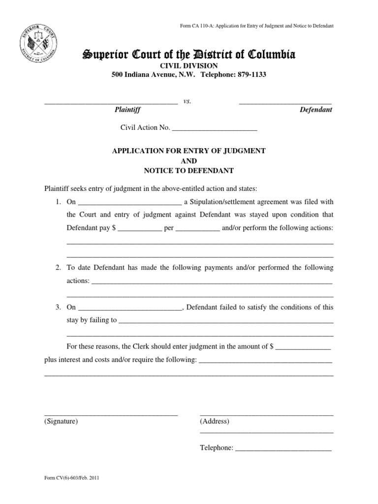 Application for Entry of Judgment and Notice to Defendant Form CA 110 A ...