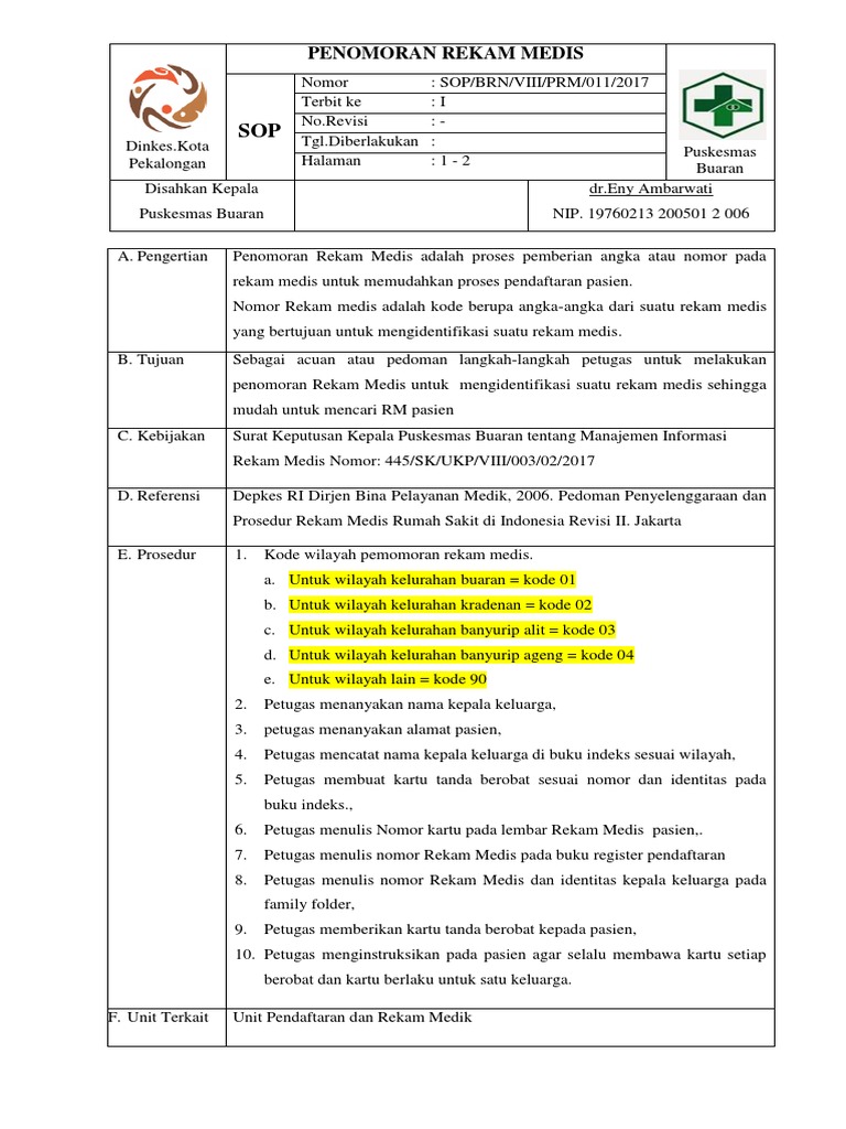Sop Penomoran Rekam Medis