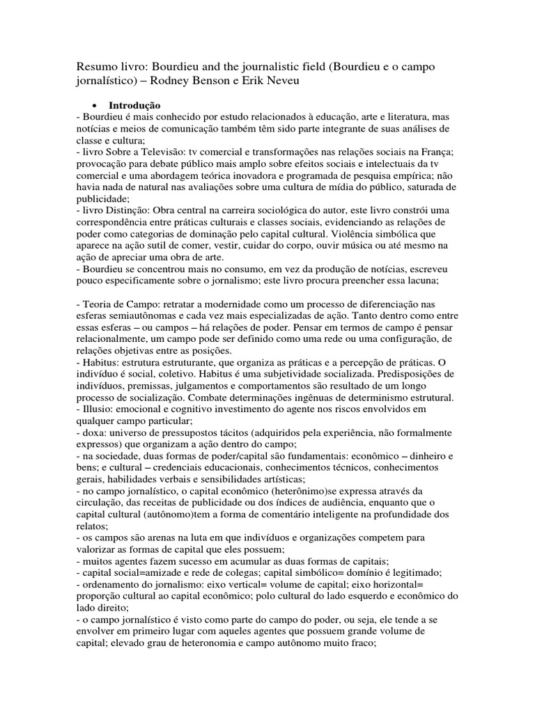 Resumo Livro - Bourdieu and The Journalistic Field (Bourdieu e o Campo Jornalístico) - Rodney ...