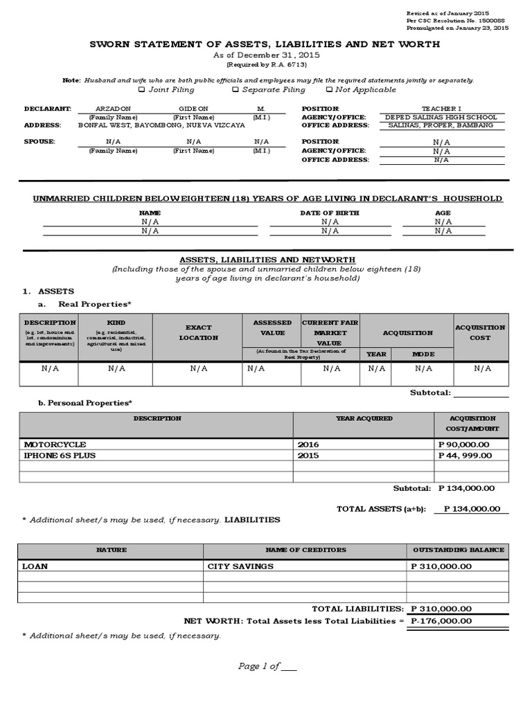 2016 Saln Form | PDF | Identity Document | Social Institutions