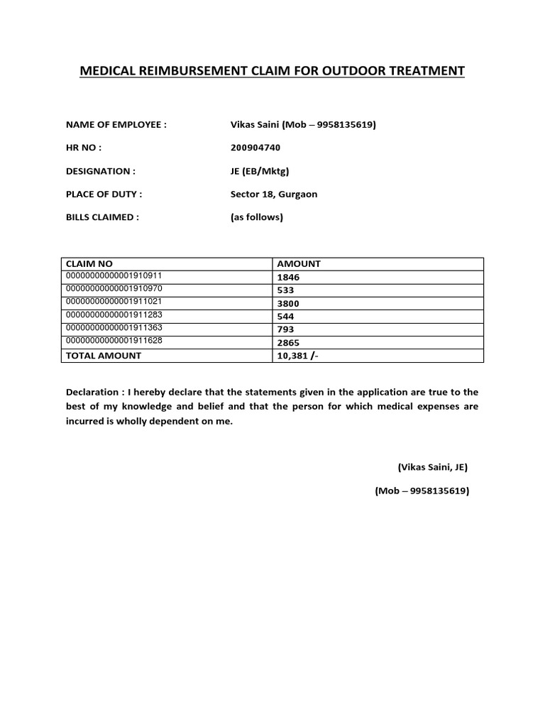 Medical Reimbursement Claim For Outdoor Treatment | PDF