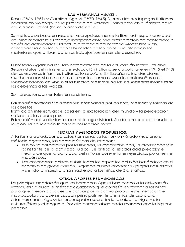 Resumen Hermanas Agazzi | PDF | Jardín de infancia | Sicología