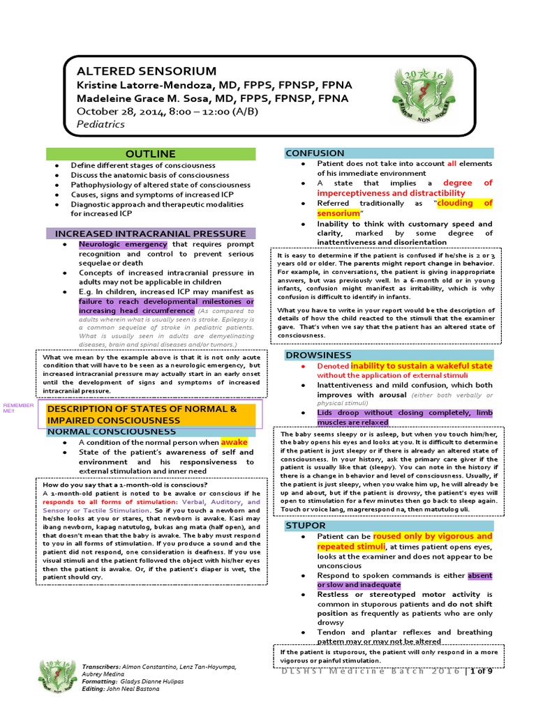 Altered Sensorium Batch 2016 | PDF | Brainstem | Diseases And Disorders