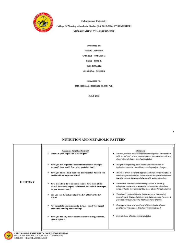 Health Assessment FHP - Nutrition and Metabolism | PDF | Blood Sugar ...