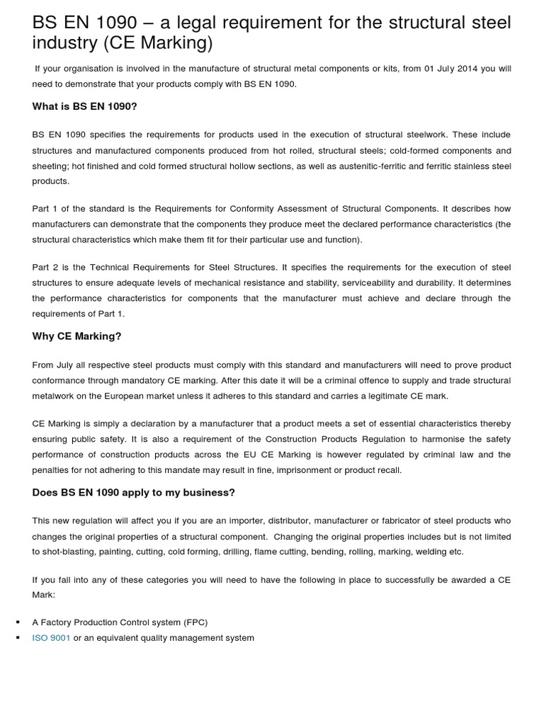 BS en 1090 - A Legal Requirement For The Structural Steel Industry (CE Marking) | PDF | Iso 9000 ...