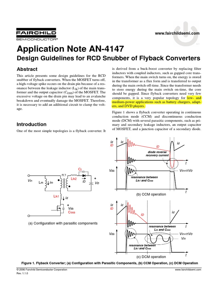 RCD吸收Design Guidelines for RCD Snubber of Flyback Converters PDF | PDF ...