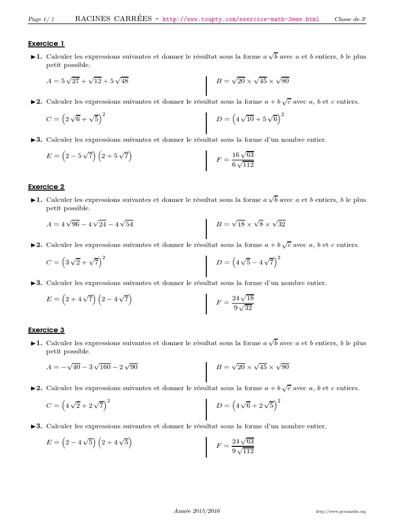 Exercices sur les racines carrées 3ème | PDF | Mathématiques discrètes ...