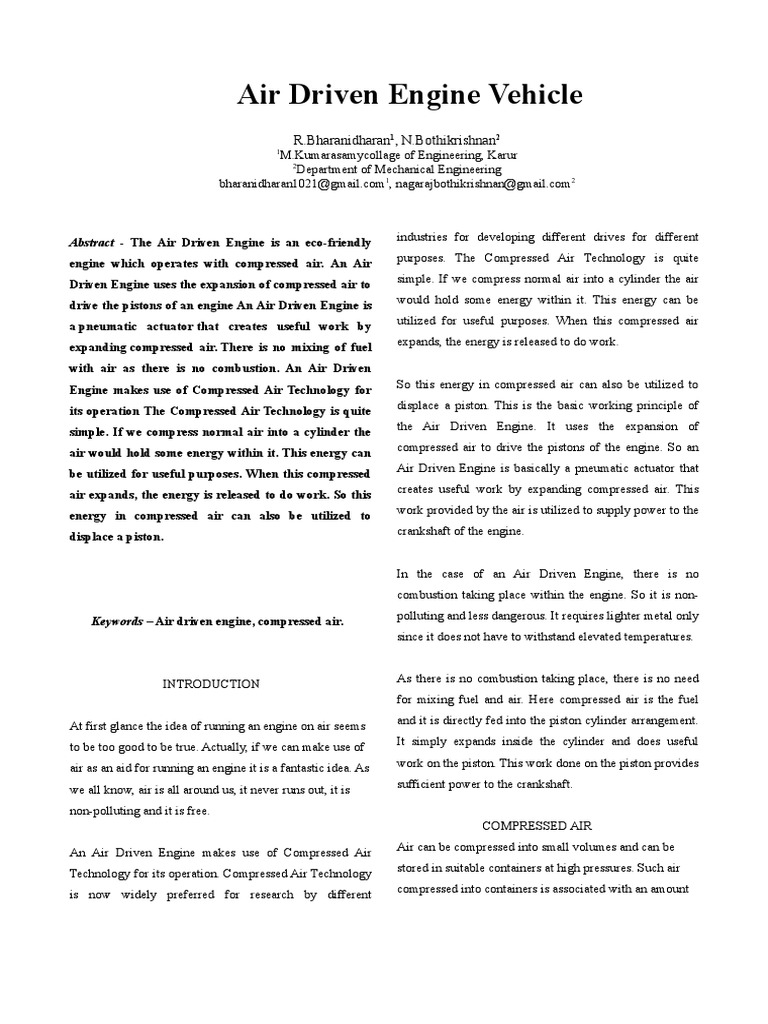 Air Driven Engine Vehicle | PDF | Internal Combustion Engine | Gas ...