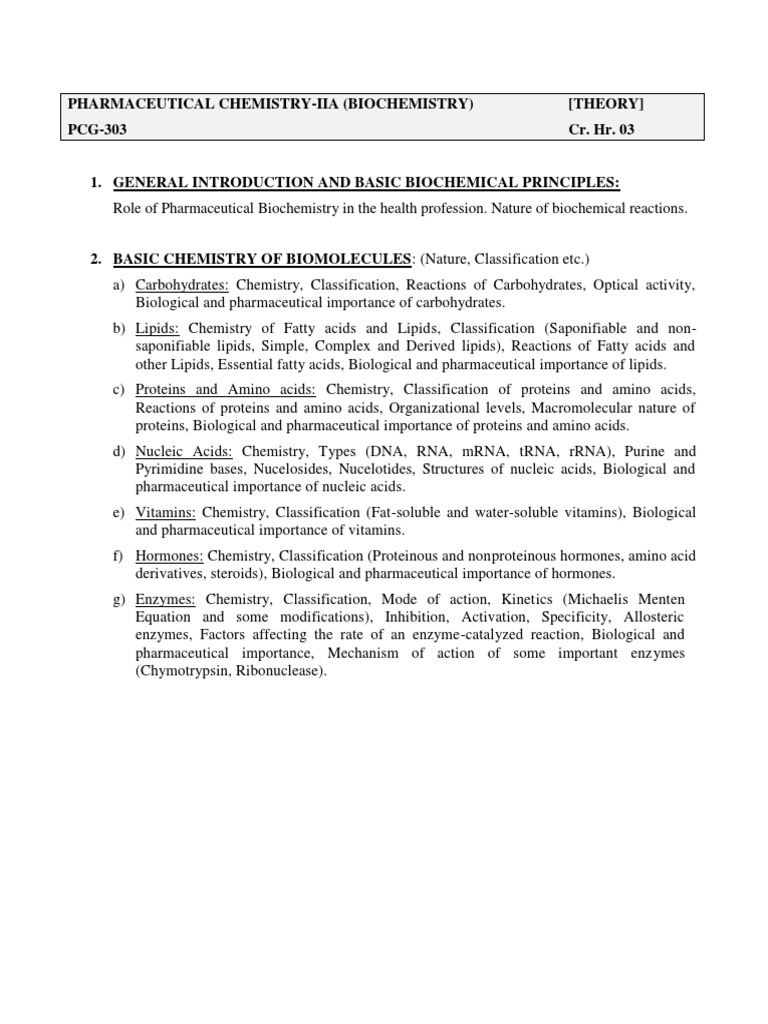 Pharmaceutical Biochemistry Contents | PDF