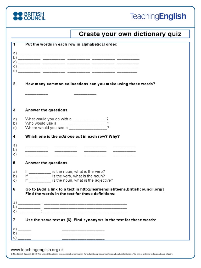 Dictionary Quiz Template PDF | PDF
